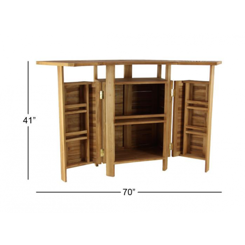 TEAK INDOOR OUTDOOR FOLDING BAR WITH EXPANDABLE SIDES, 70" X 24" X 41"