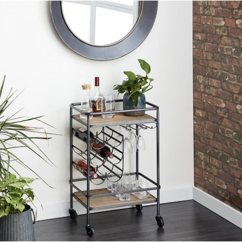 Wooden Rolling Bar Cart